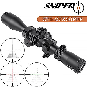 Sniper ZT5-27x50 FFP Scope Side Parallax Adjustment Glass Etched Reticle Red Green Illuminated with Scope Mount