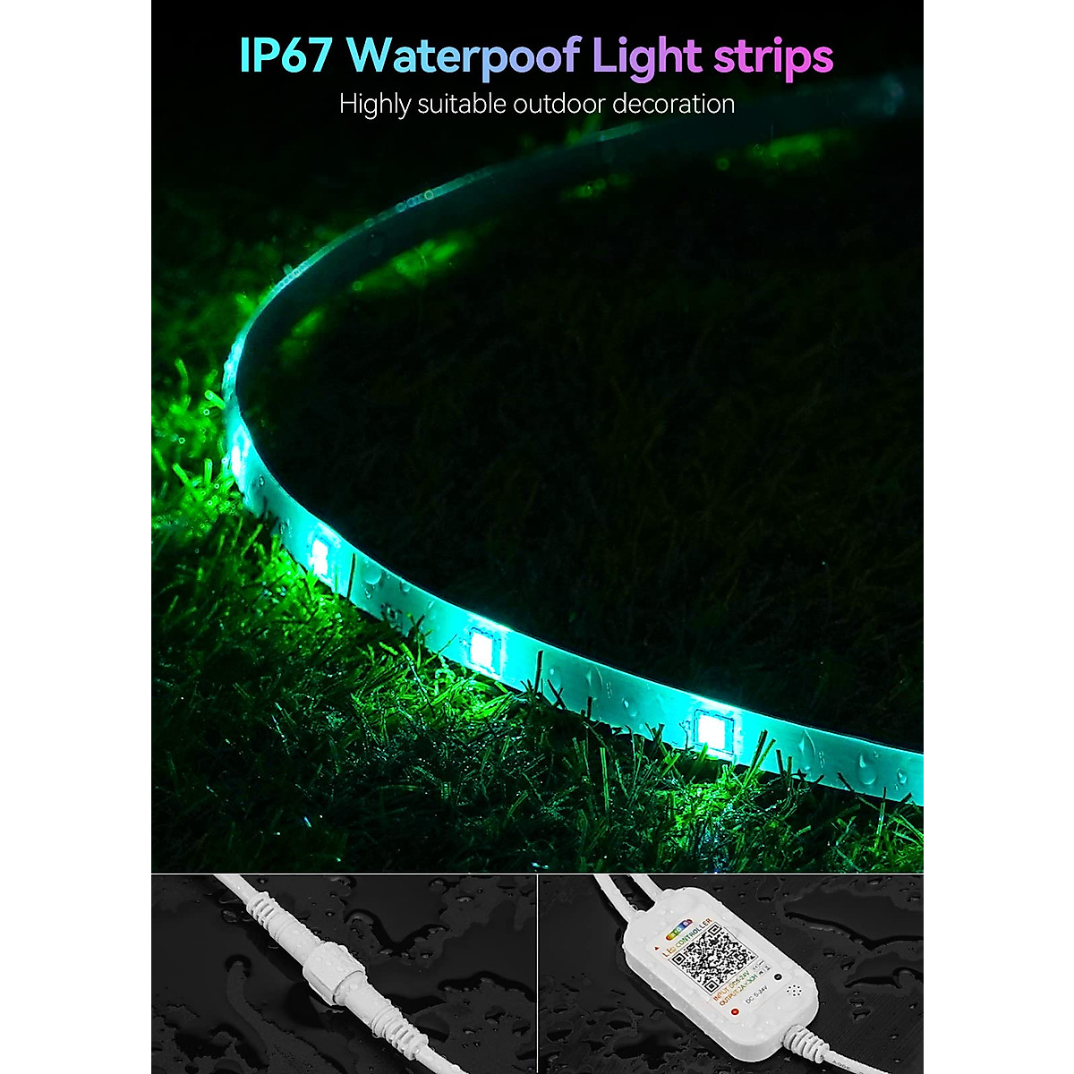 Skzlibry 91FT IP67 RGB+IC Outdoor Led Strip Lights Waterproof Led Light Strips with RF Remote &Bluetooth Music Sync App Control,Color Changing (RGB+IC, 560LED)
