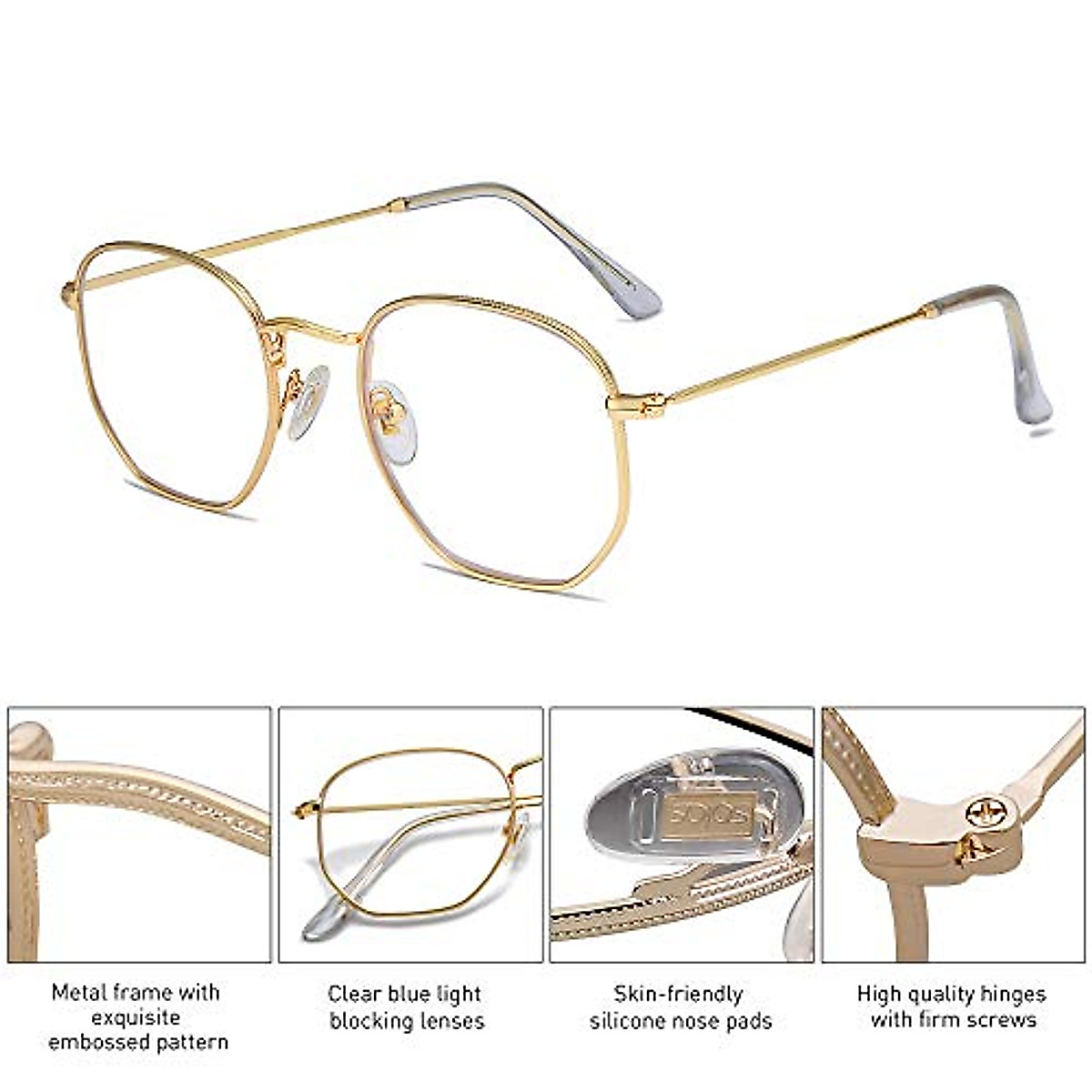 SOJOS Small Blue Light Blocking Glasses Hexagonal Eyeglasses Frame Anti Blue Ray Glasses One and Only SJ5036 with Gold Frame/Anti-Blue Light Lens