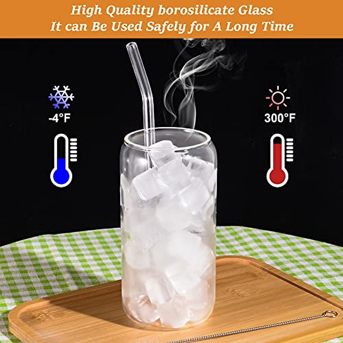 Verdenu 4 Pcs Glass Cups Set, 16oz Drinking Glasses with Lids and Glass Straws, Can shaped Iced Coffee Cup, Clear Beer Can Glass, Cute Tumbler Cup, Ideal for Gift, Homemade DIY Drink