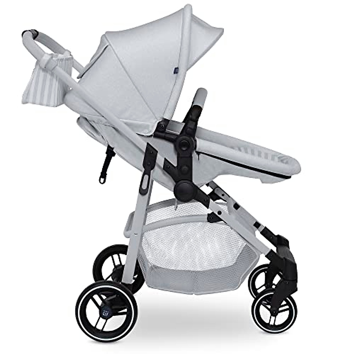 GAP babyGap 2-in-1 Carriage Stroller - Car Seat Compatible - Easy One-Handed Fold - Lightweight Stoller with Oversized Canopy & Reclining Seat - Made with Sustainable Materials, Grey Stripes