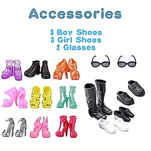18 PCS Doll Clothes and Accessories for Ken and 11.5 inch Dolls Include 5 Boy Outfits 5 Girl Outfits 3 Pair of Boy Shoes 3 Pair of Girl Shoes 2 Glasses for 12 inch Boy and Gril in Ramdon