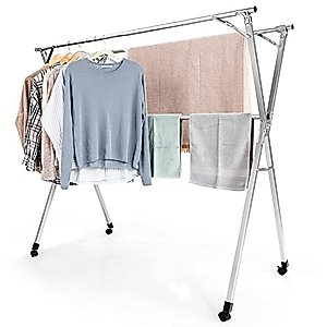 Tangkula Clothes Drying Rack with Wheels, Freestanding Stainless Steel Garment Rack for Laundry, Adjustable and Foldable, No Assembly Need, Space Saving Laundry Drying Rack for Indoor Outdoor
