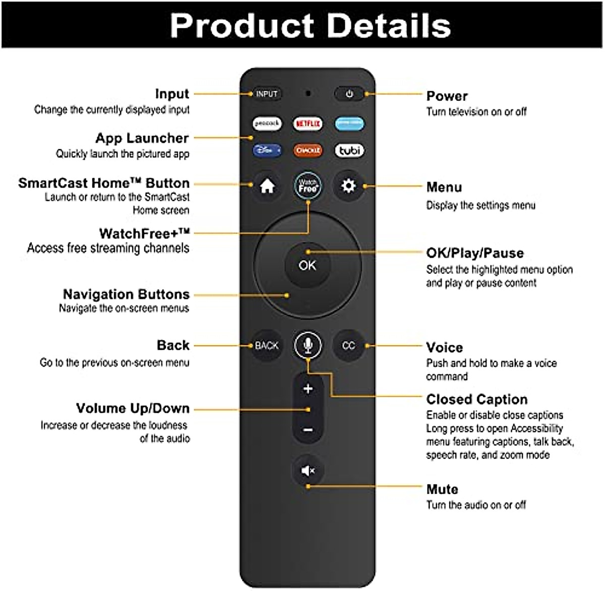 New Replacement Voice Remote Control XRT260 fit for Vizio V-Series and M-Series 4K HDR Smart TV with Shortcut App Keys Peacock Netflix PrimeVideo Disney+ Crackle TUBI Watchfree （Version 2）