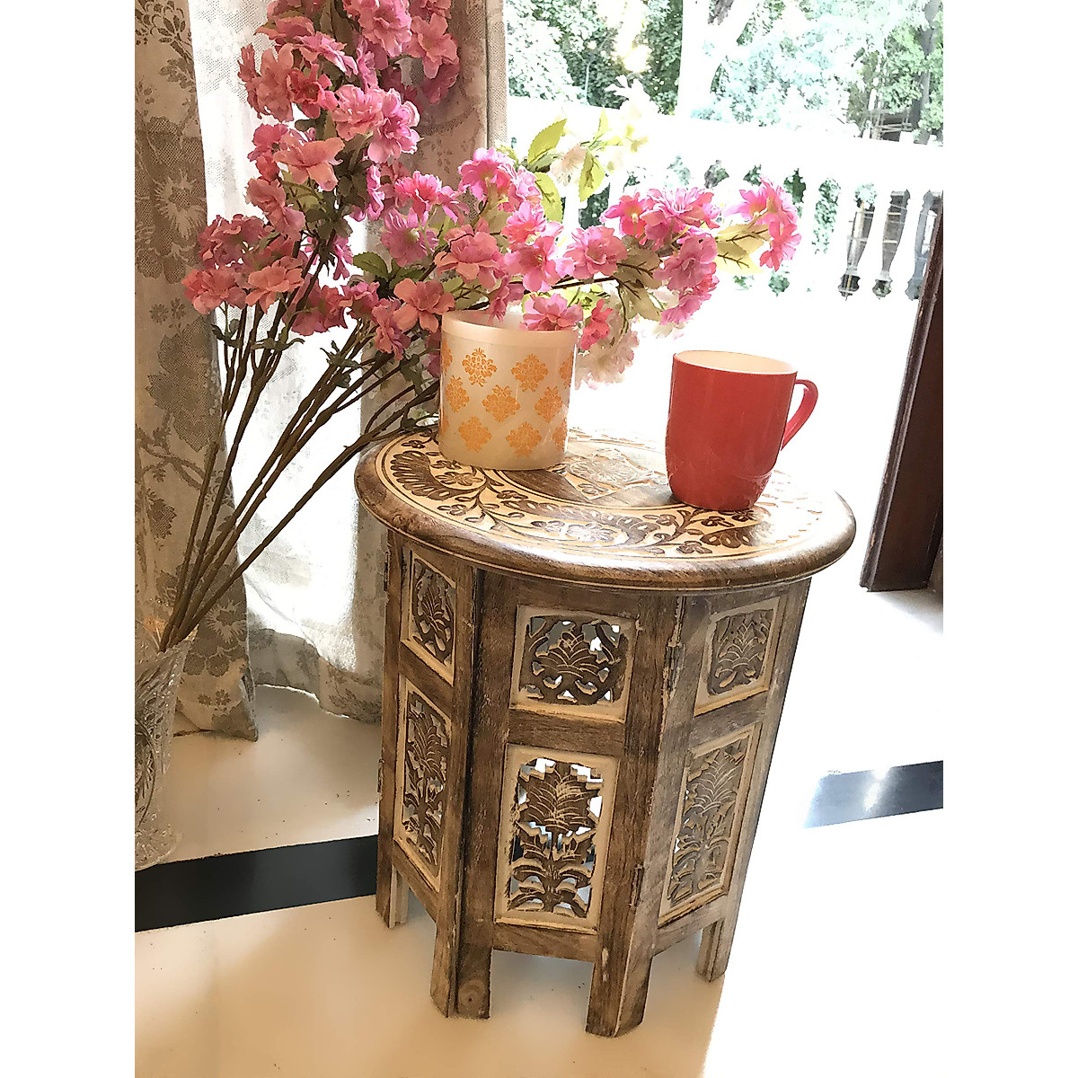 SAVON Small Rustic Wood Table Round White Side end Carved Indian Coffee Accent