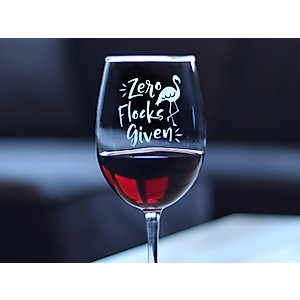 Zero Flocks Given – Cute Funny Flamingo Wine Glass, Large 16.5 Ounce, Etched Sayings, Gift Box