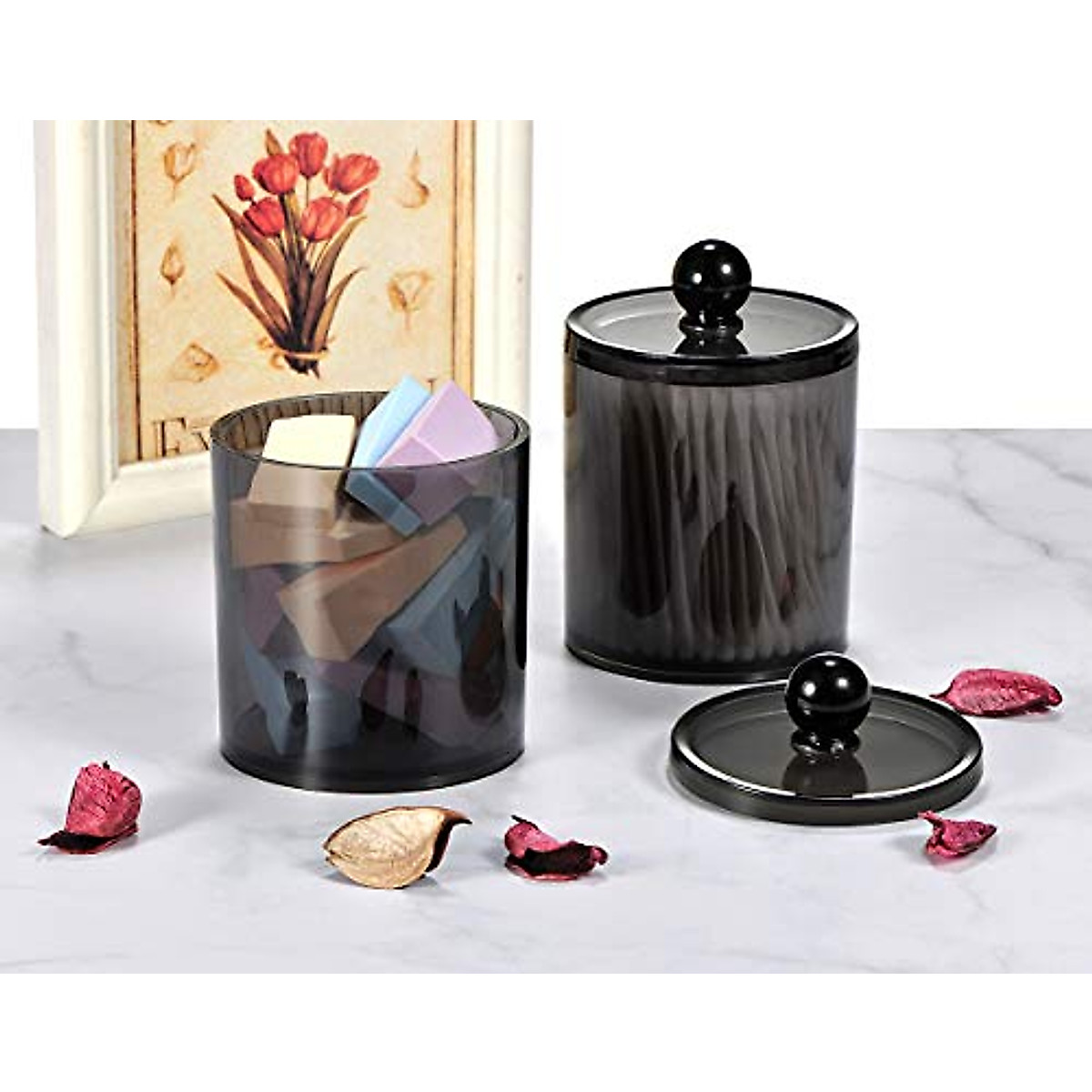 6 Pack of 12 Oz. Qtip Dispenser Apothecary Jars Bathroom with Labels - Qtip Holder Storage Canister Clear Plastic Acrylic Jar for Cotton Ball,Cotton Swab,Cotton Rounds,Floss Picks, Hair Clips (Black)