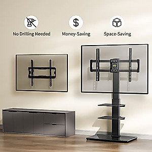 AM alphamount TV Stand with Mount for 37 40 43 49 50 55 60 65 70 75 Inch LCD LED TVs, Height Adjustable Swivel Universal Tall Floor TV Stand with Storage Shelves for Bedroom and Living Room