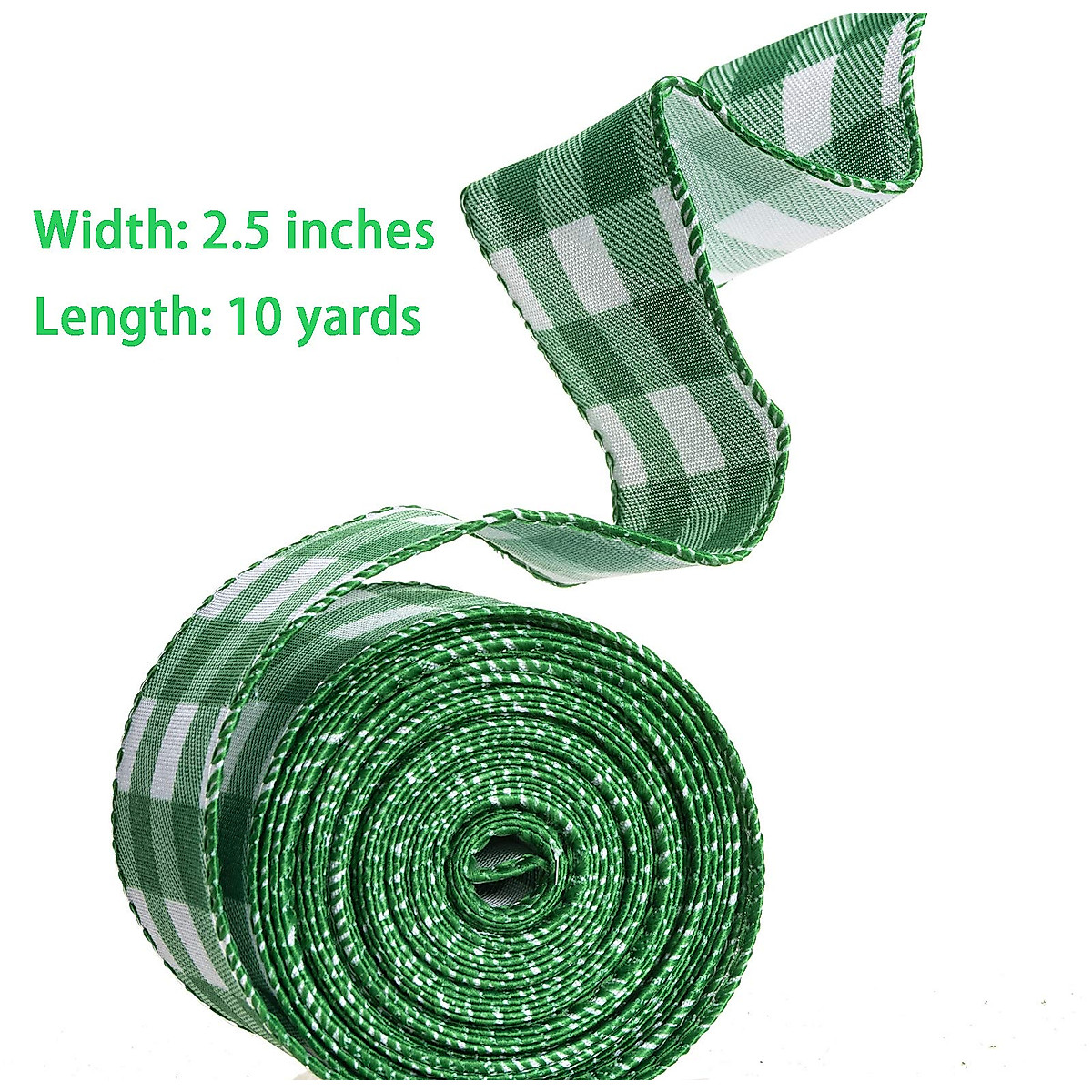 ATRBB Green and White Buffalo Plaid Ribbon Wired Edge Gingham Ribbon for St Patrick's Day Decoration and Bows Craft,10 Yards by 2.5 Inches