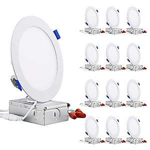 TORCHSTAR Basic Series 12-Pack 6 Inch Ultra-Thin LED Recessed Lighting with Junction Box, Aluminum, 2700K Soft White, 5%-100% Dimmable Slim Recessed Downlight, 12W 850LM, ETL and Energy Star