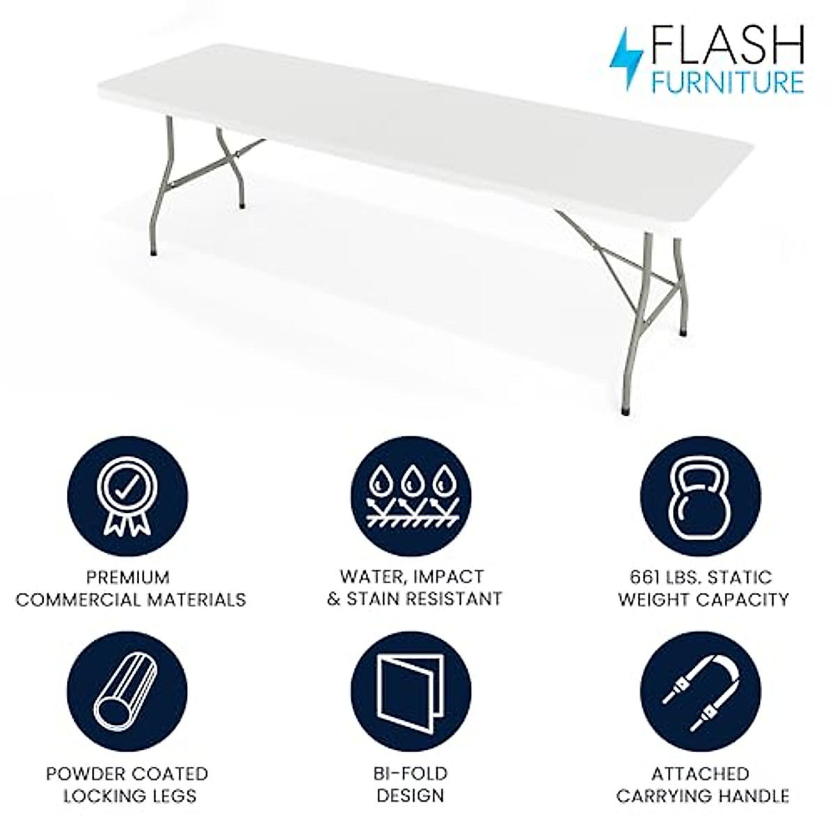 Flash Furniture Kathryn 8' Rectangular Plastic Folding Event Table with Carrying Handle, Bi-Fold Portable Banquet Table for Indoor/Outdoor Events, Granite White, 30"W x 96"L