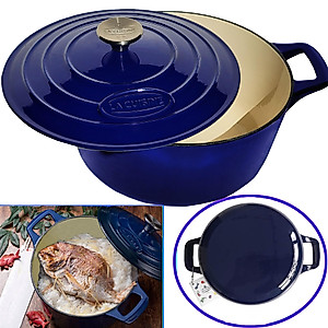 La Cuisine Enameled Cast Iron Dutch Oven Casserole Dish Pot with Lid, 5 QT 10.3” Dia. Cream White Enamel Interior 2-tone Sapphire Enamel Coating Exterior Oven-Safe