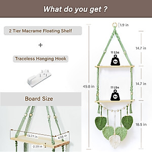 Macrakido - Macrame Wall Hanging 2-Tier Shelf, Boho Floating Wooden Shelves with Green Woven Rope and Leaf Decor,Plant Display for Bedroom, Dorm, Nursery, Living Room, and Bathroom Wall Decor