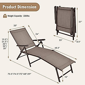 Tangkula Outdoor Chaise Lounge, Folding Recliner Lounge Chair with 5-Position Adjustable Backrest & 2-Position Footrest, No Assembly Required, Suitable for Patio Poolside Beach Yard (1, Brown)