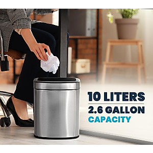 Alpine 10 Liter Small Bathroom Trash Can No Lid - Open Top Stainless Steel Bathroom Trash Can 2.6 Gallon, Slim Silver Trashcans for Bedroom, Office, Desk, Kitchen with Removable Bin for Easy Disposal
