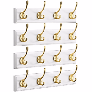 Seocry Coat Rack Wall Mount, 4 Pack 16.5 Inches Wall Hook Rack, White Coat Hanger Wall Mount with Gold Hooks for Backpack, Hat, Towel, Key, Door, Entryway(White Gold, 16.5 Inches)