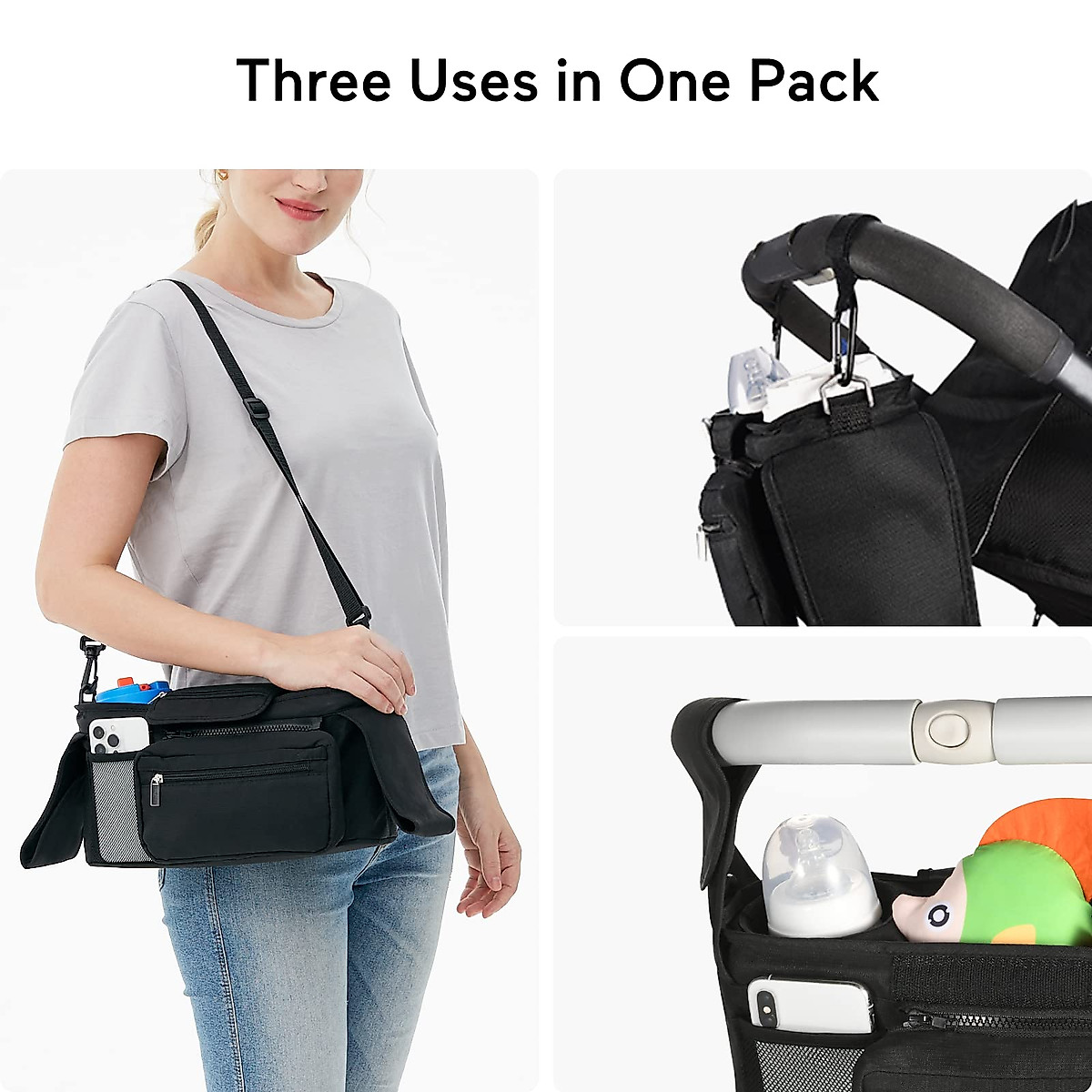 Momcozy Universal Baby Stroller Organizer Classic Black and Non-Slip Upgrade, Multipurpose Bag, Insulated Cup Holder, Waterproof Durable, Easy Carry, Alternative Replacement (2-Pack)