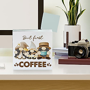 Farmhouse Coffee Gnomes Wooden Box Sign But First Coffee Quotes Wood Block Tabletop Sign Decorative Desk Sign Decor for Home Kitchen Shelf 5 X 5 Inches