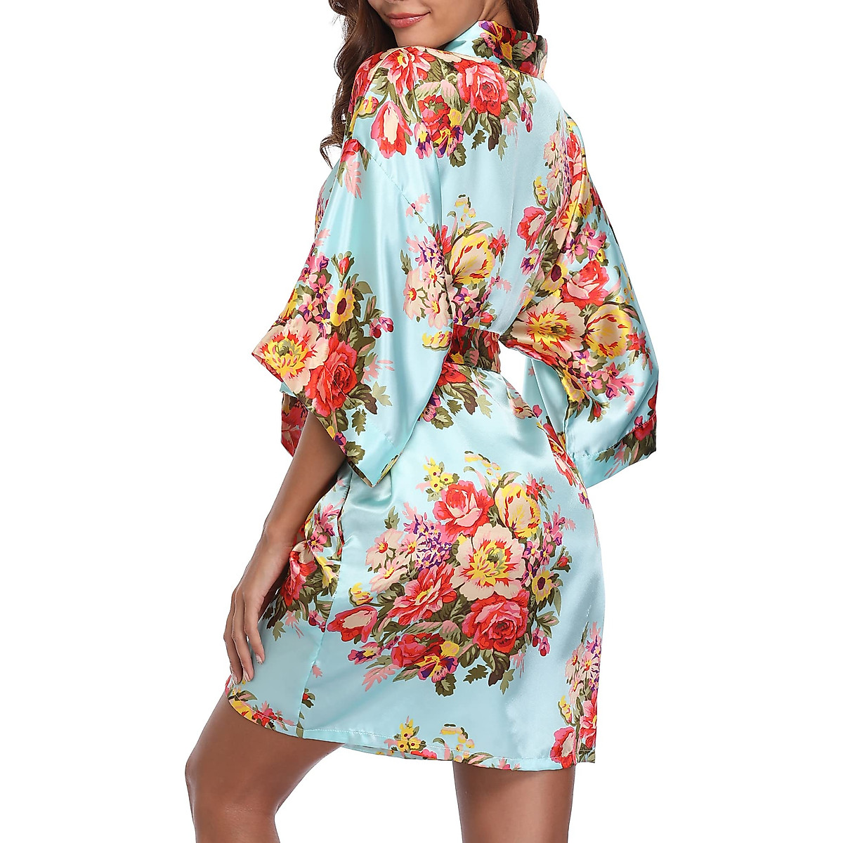ABC-STAR Women's Floral Kimono Robes Short Satin Bathrobe Silky Sleepwear Dressing Gown for Wedding Getting Ready