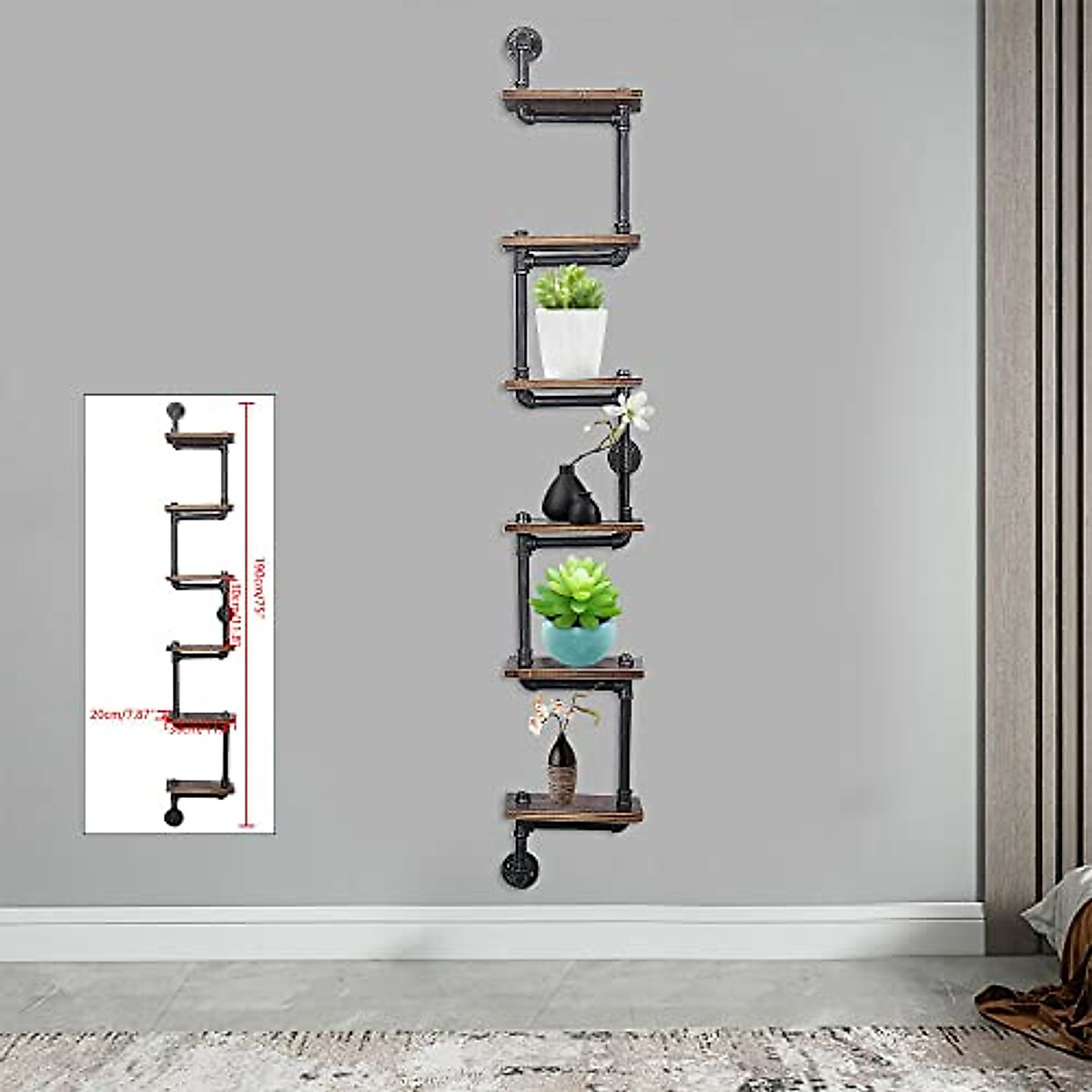 6-Tiers Rustic Floating Wood Shelves Industrial Rustic Iron Pipe, Industrial Bookshelf Modern Ladder Shelf, Vintage Metal Pipes and Wood Shelves, Rustic Display Bookshelf for Storage Collection