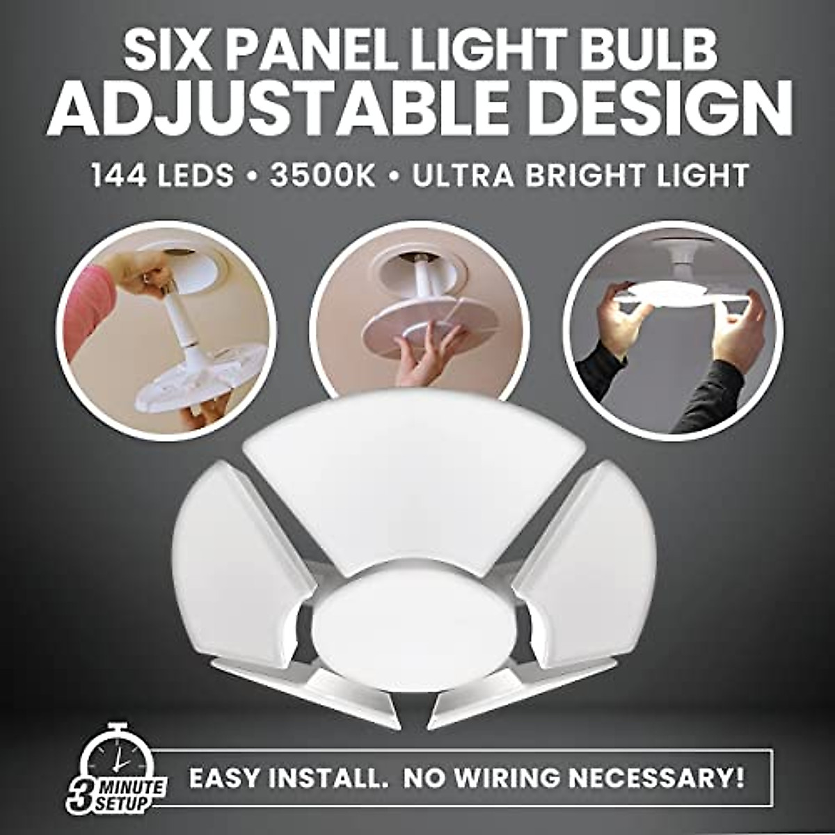 Bell+Howell Hex Bulb E26 LED Garage Light 6 Panel Deformable Shop Light Ceiling Light High-Intensity Lighting with 144 LED Bulbs for Attic, Basements, Office, Garage Lights