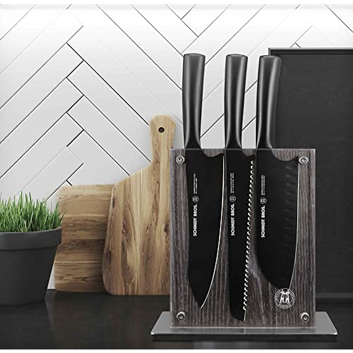 Schmidt Brothers - Jet Black Series 7-Piece Kitchen Knife Set, High-Carbon German Stainless Steel Cutlery, Pure Matte Black Titanium Finish With Clear Acrylic Magnetic Knife Block