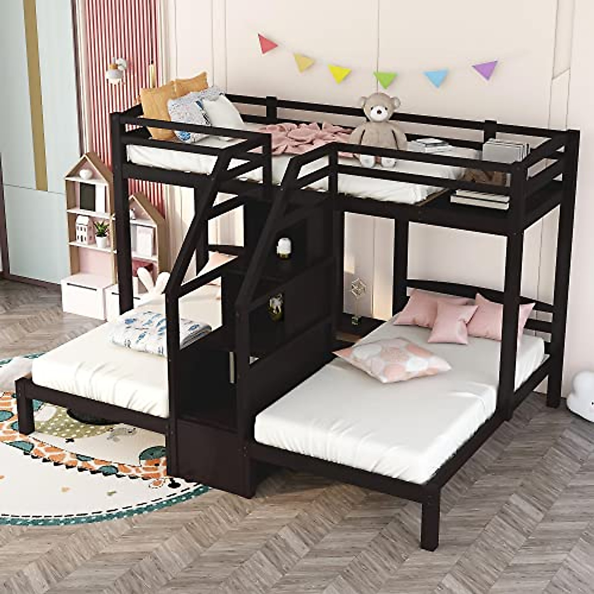 DEYOBED Twin Over Twin & Twin Wooden Triple Bed Bunk Bed with Built-in Storage Staircase and Drawer Storage Board for 3 Kids Adults