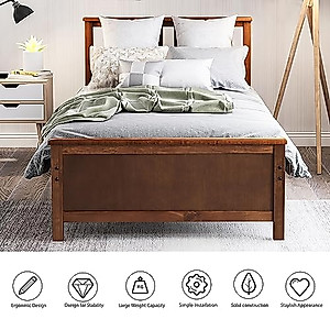 Merax Twin Size Platform Bed, Wood Twin Bed Frame with Headboard, Footboard and Wood Slat Support, No Box Spring Needed, Walnut