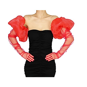 XXDingbs Super Puff Sheer Long Gloves Oversize Tulle Mesh Gloves for Cocktail Opera Party Gloves with Ruffle Long Sleeve Red
