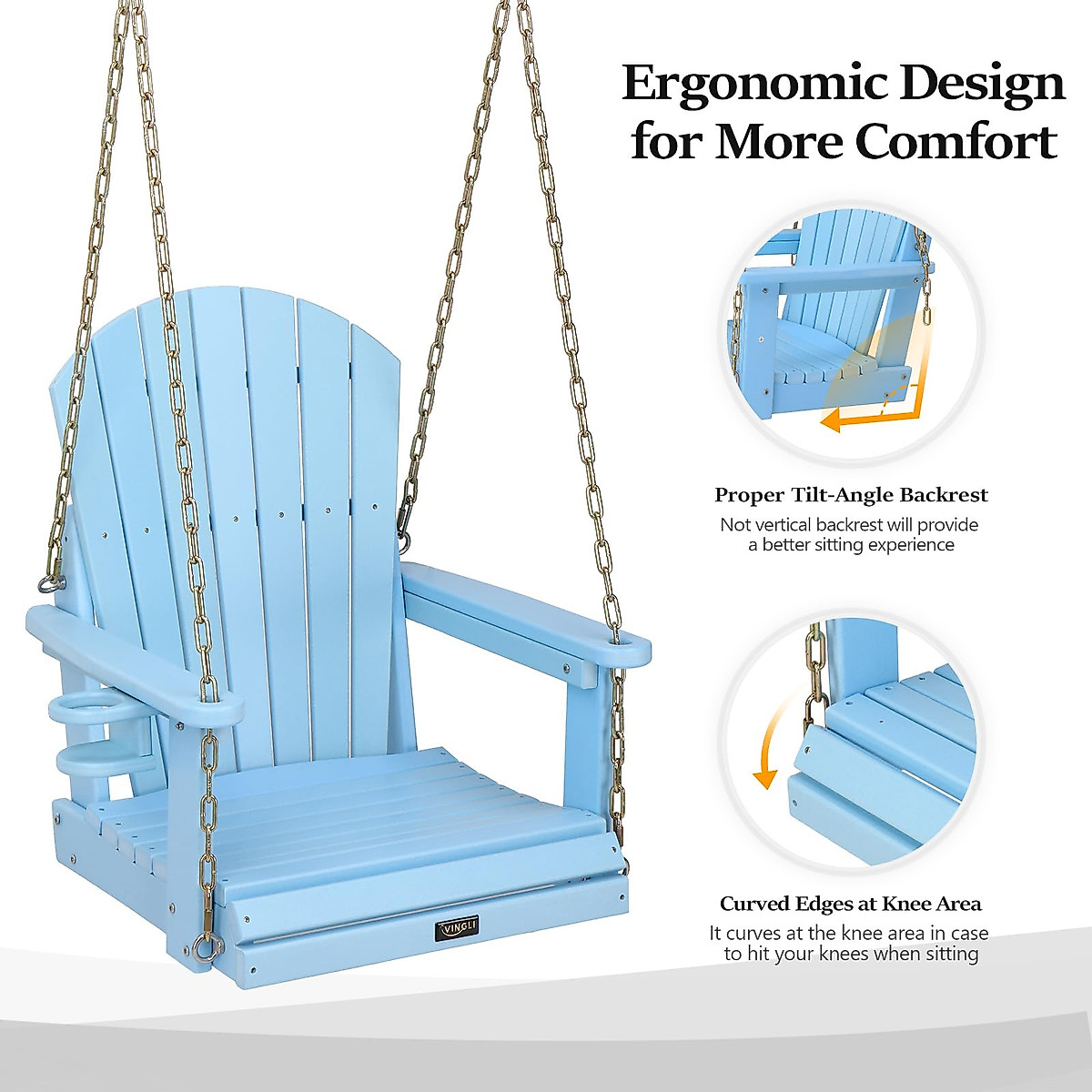 VINGLI HDPE Heavy Duty Porch Swing, 880 LBS Patio Swing with Rotatable Cup Holder, Recycled Plastic Porch Swing with Ergonomic Design, for Garden, Yard, Patio, Lake Blue