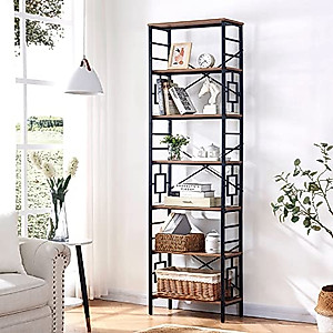HOMISSUE Bookcase,7-Tier Tall Bookshelf Metal Bookcase and Bookshelves, Free Standing Storage Modern Bookshelf for Home Office Living Room and Bedroom, Rustic Brown