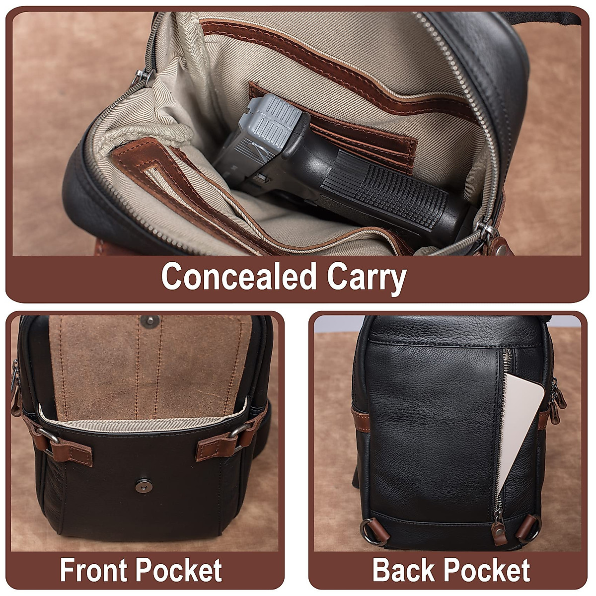 CENUNCO Genuine Leather Sling Bag Leather Crossbody Sling Backpack Concealed Carry Chest Bag Black Casual Hiking Motorcycle Bags Anti-Theft Travel Purse Fanny Pack