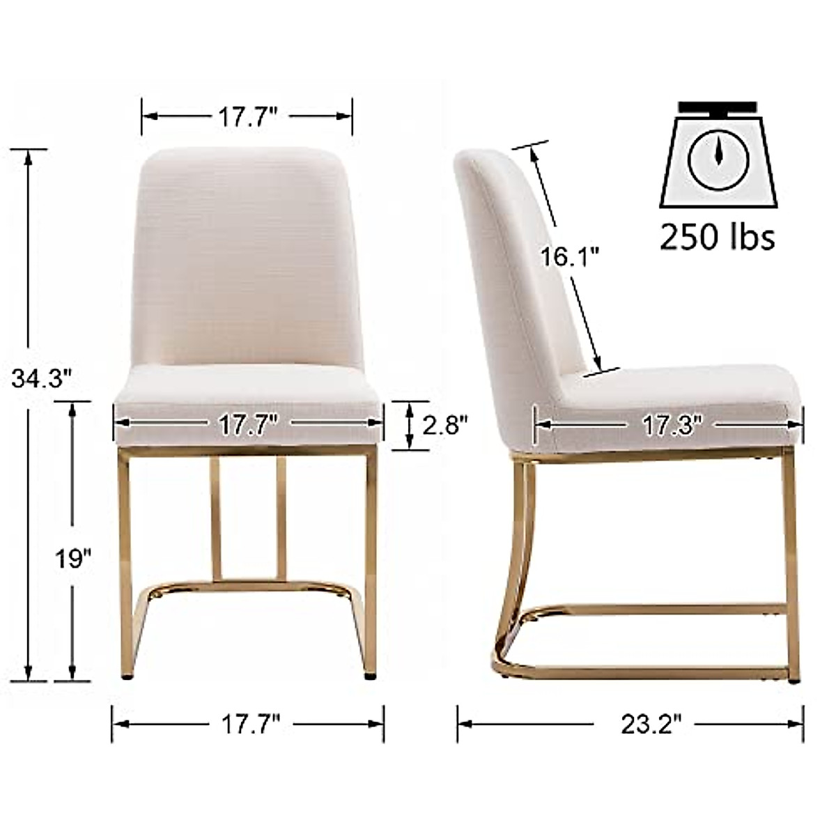 VESCASA Linen Upholstered Dining Chairs with Back, Mid Century Modern Dining Chairs with Gold Metal Frame for Dining Room, Restaurant, Kitchen, Set of 6, Cream