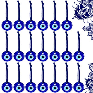20 Pieces Turkish Blue Evil Eye Beads Charms Pendants Crafting Glass Beads Wall Hanging Ornament with Ropes for Jewelry Accessories Home Craft Decoration (Round)