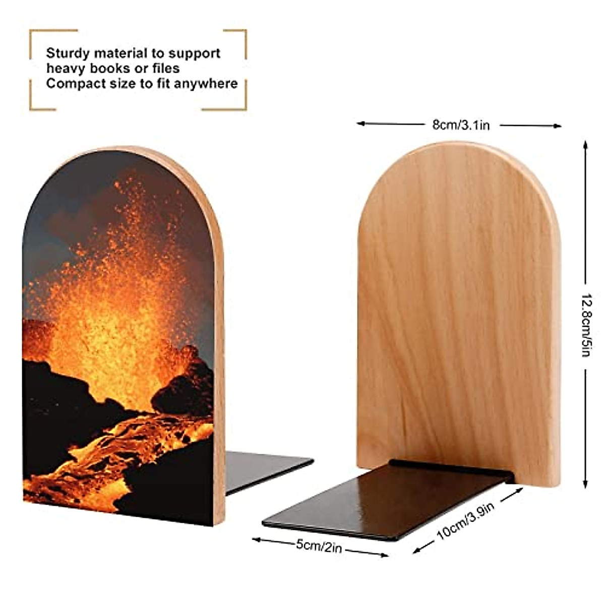 Magma Volcanoes Eruption Wooden Bookends 1 Pair Book Stand Anti-Skid Book Organiser for Office Desktops Shelves CDs Decor