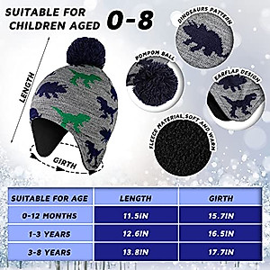 Syhood Toddlers Snow Gloves and Hats Knit Beanie Ski Earflap Hat and Gloves Baby Dinosaur Cap for Boy Girl (Black, 3-8 Years Old)