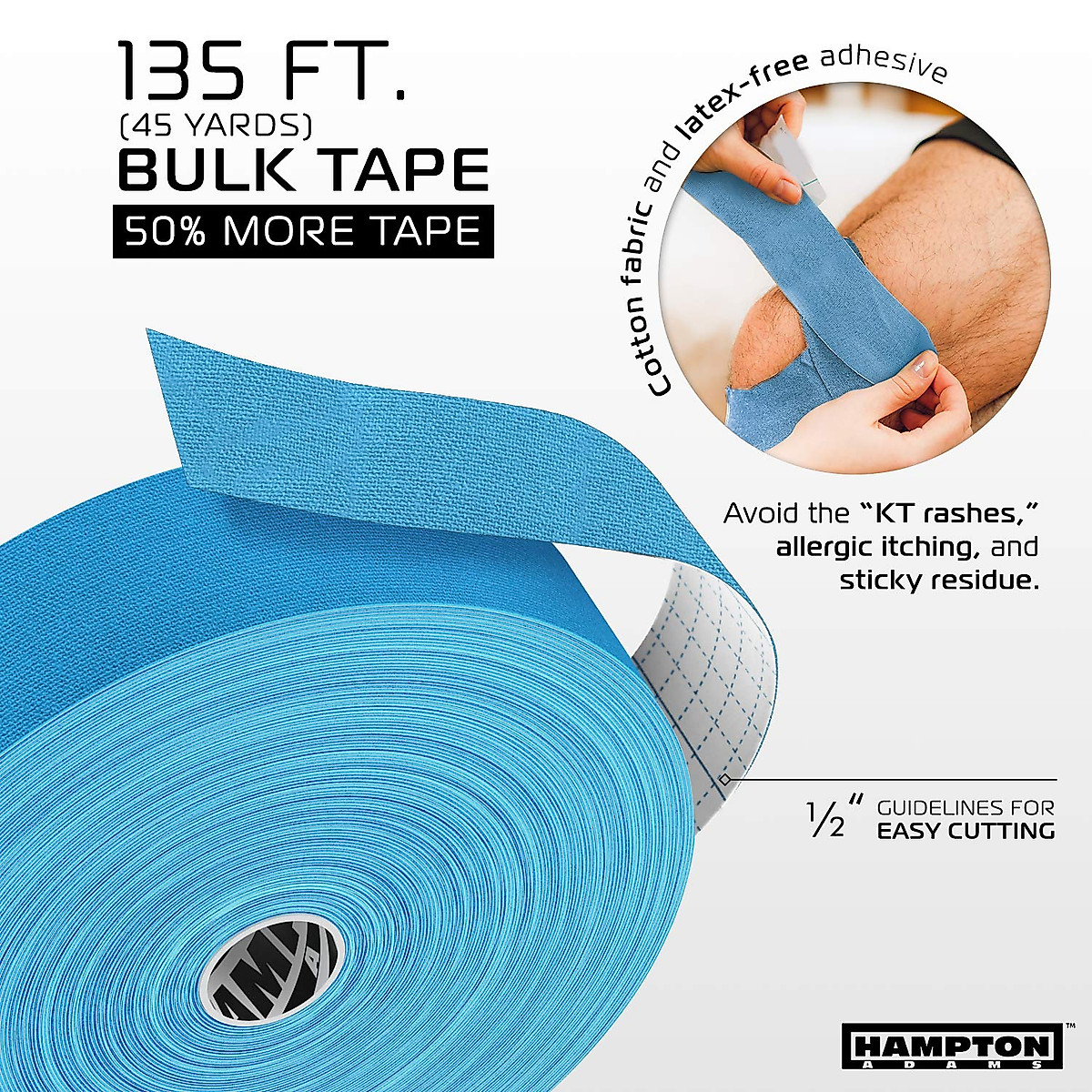 (135 Feet) Bulk Kinesiology Tape Waterproof Roll Sports Therapy Support for Knee, Muscle, Wrist, Shoulder, Back / Original Uncut Premium Therapeutic Elastic & Hypoallergenic Cotton - (Blue)
