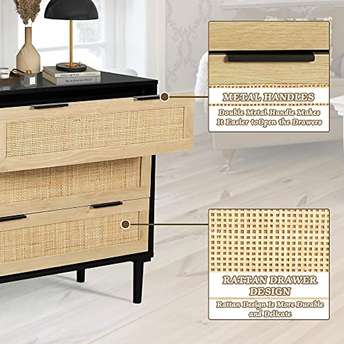 LAZZO Rattan 3 Drawer Wood Dresser Boho Large Storage Cabinet Nightstand Chest for Bedroom Mid Century Modern Chest of Drawers Wide Closet Dresser Storage Organizer
