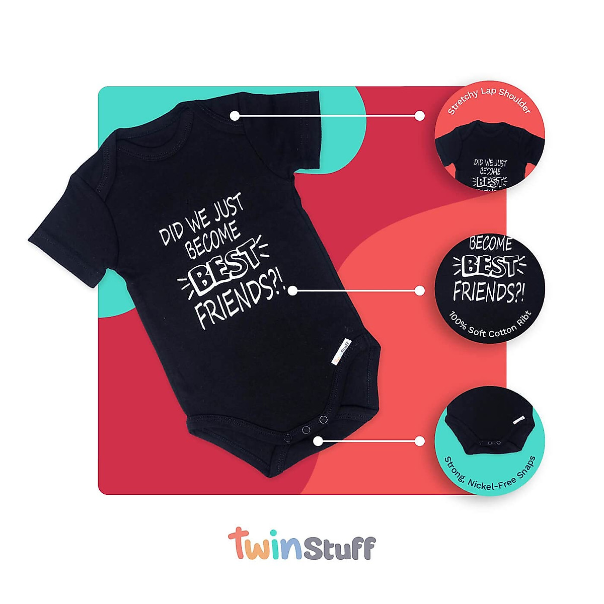 Twin Stuff 100% Cotton Unisex Best Friends Rompers – Cozy and Adorable Matching Outfits for Newborn Identical and Fraternal Twins – Premium Quality – Soft and Comfortable – Sizes 0-3 Months