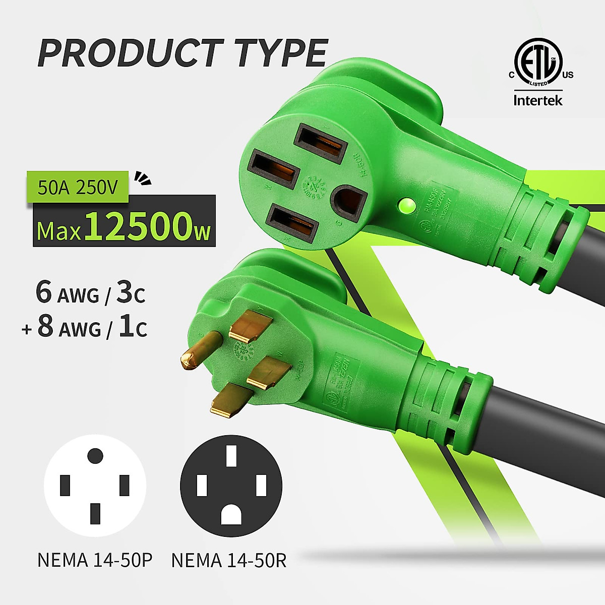 RVMATE 50 Amp 15 Feet RV/EV Extension Cord, Easy Plug in Handle, 14-50P to 14-50R with LED Indicator, ETL Listed, Come w/Storage Bag and Plastic Strap