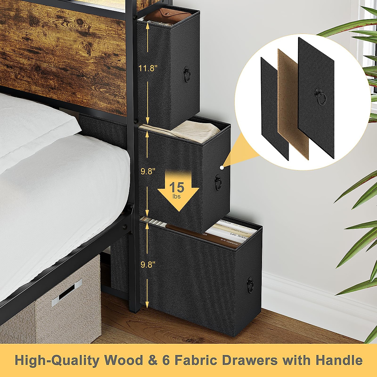 HAUSOURCE Queen Bed Frame with Bookcase Headboard and 6 Headboard Storage Drawers LED Lights Metal Platform Non-Slip Without Noise Metal Slats Support No Box Spring Needed