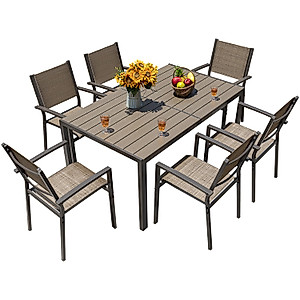 Greesum Outdoor Dining Set 7 Piece Patio Furniture with Rectangular Table and 6 Stackable Chairs Family Conversation for Garden Backyard Deck, Brown
