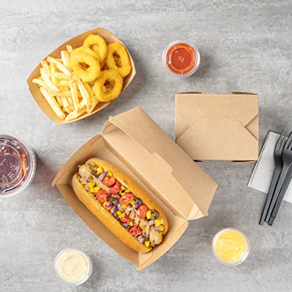 Bio Tek 6.7 x 3.5 x 3.5 Inch Clamshell Food Containers, 100 Disposable Sandwich Containers - Hinged Lid, Tab-Lock Closure, Kraft Paper Hot Dog Containers, Recyclable, Greaseproof