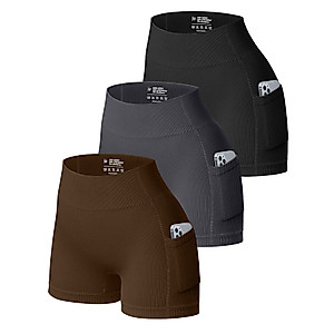 OQQ Women's 3 Piece Athletic Shorts Ribbed Seamless Workout High Waist Shorts with Pockets Black Grey Coffee