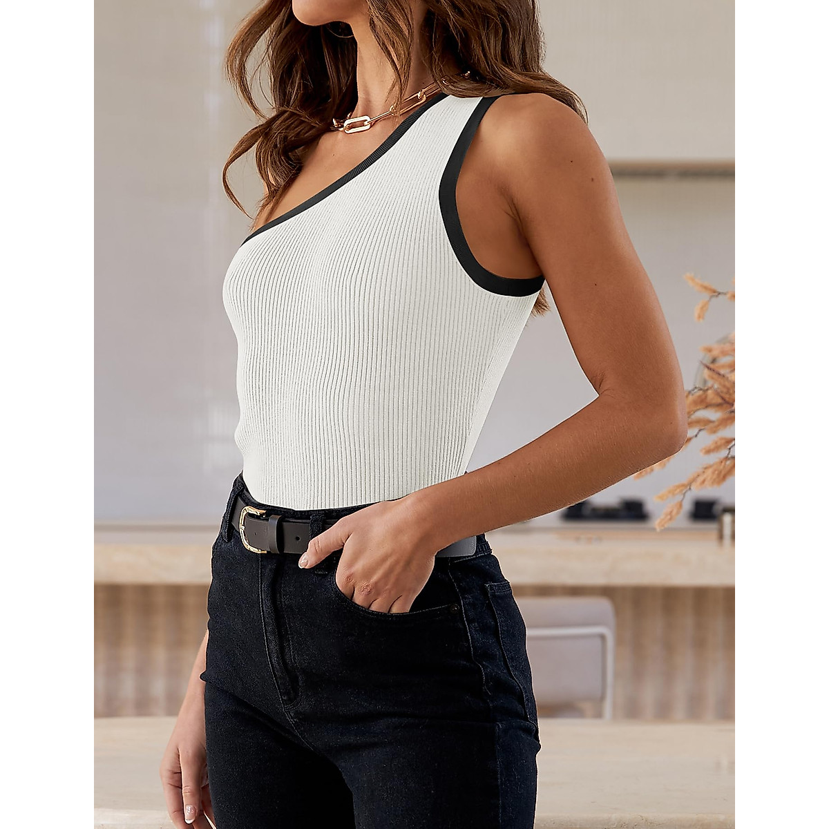 ZESICA Women's One Shoulder Tank Top Summer Sleeveless T Shirt Ribbed Knit Color Block Slim Fit Basic Tee Tops,White,Small