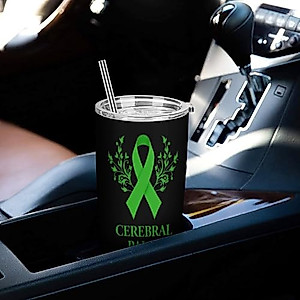Cerebral Palsy Awareness Green 20 OZ Stainless Steel Tumbler Travel Car Coffee Mug with Straw Lid Cleaning Brush Coffee Tumbler Mug for Women Men