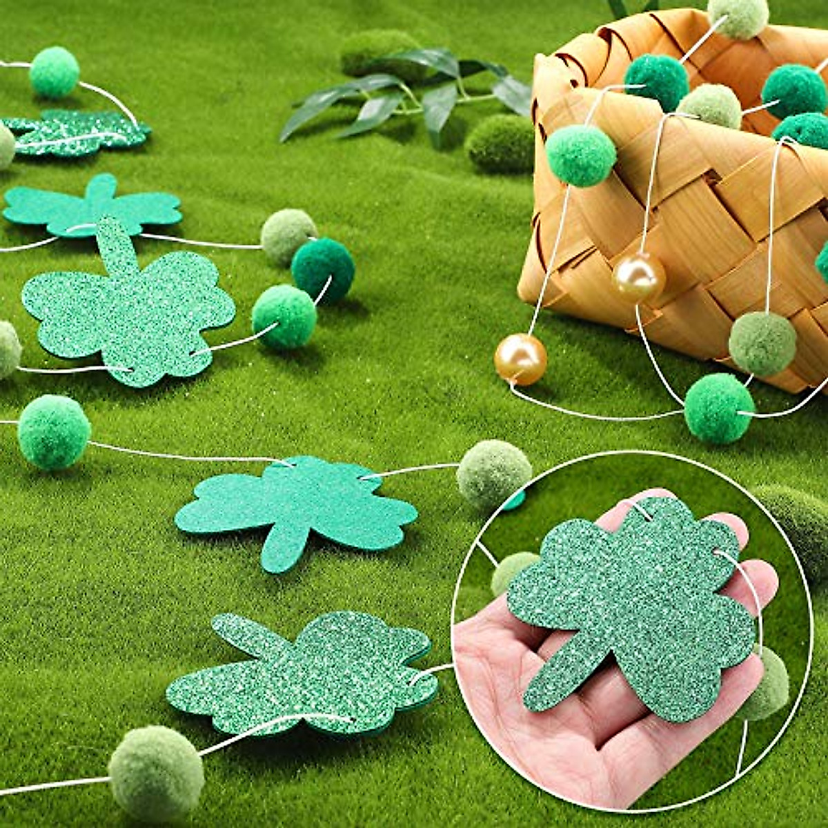 3 Pieces Pom Pom Garlands Felt Shamrock Clover Garlands Irish Wall Hanging Garlands Green Gold Felt Ball Garlands St. Patrick's Day Banner Decors for Irish St. Patrick's Day Indoor Outdoor Parties