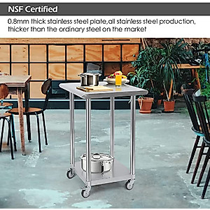 MYOYAY Commercial Stainless Steel Table with Caster Wheels 24"x24" Kitchen Worktables with Backsplashs Prep Food Workbench Under Shelf 110~220lbs Capacity for Restaurant