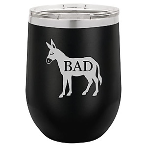 12 oz Double Wall Vacuum Insulated Stainless Steel Stemless Wine Tumbler Glass Coffee Travel Mug With Lid Bad Ass Donkey Funny (Black)