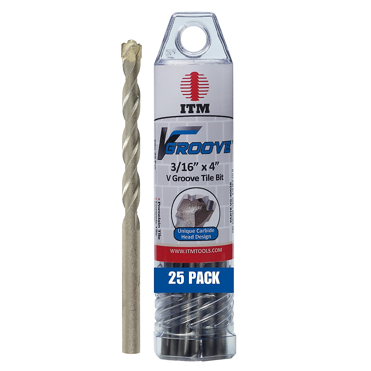 ITM V-GROOVE - VG-4002B - 3/16" X 4" - 25 Pack - Porcelain Tile Drill Bits - Carbide Tipped Drill Bits for Porcelain, Ceramic, Marble, Stone and Glass Tile